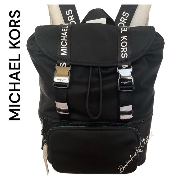 Michael Kors | Bags | Michael Kors Large Flap Backpack Black Nylon Mk ...